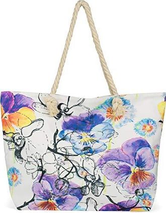 styleBREAKER Sac de plage XXL pour dames avec impression de fleurs violettes colorées, fermeture éclair, sac à bandoulière, shopper 02012346, couleur:Blanc-Violet-