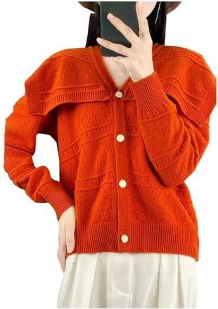 Generic Cardigan dhiver ouvert en tricot 100 % laine pour femme avec col bleu marine, orange citrouille, Taille XS