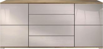 Vladon Sideboard Rova V2, Kommode mit 4 Türen und 4 Schubladen, Eiche Evoke/Sandgrau Hochglanz (166,5 x 75,5 x 35)