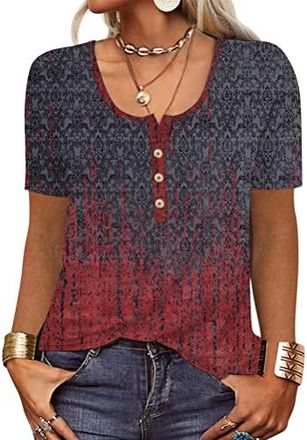 Onsoyours T-Shirt Col V Blouses à Manches Courtes pour Femmes Imprimé Tunique Tops Lâche Chemisier T-Shirts pour Femmes avec Boutons Basiques Haut Printemps été