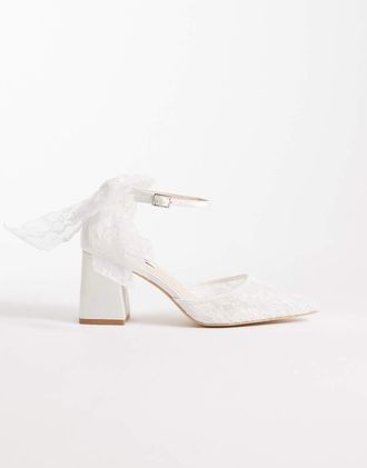 Be Mine Bridal - Reema - Schuhe in Elfenbeinwei&szlig; mit Spitzenbesatz, Blockabsatz und Schleife