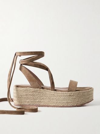 Gianvito Rossi 40 Espadrille-sandalen Aus Veloursleder Und Raffiabast Mit Plateau - Braun