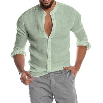 Generic Chemise en lin blanc pour homme, chemise en lin, chemises &agrave; manches longues, chemises blanches, coupe droite, t-shirt noir, col en V, hauts d&eacute;contract