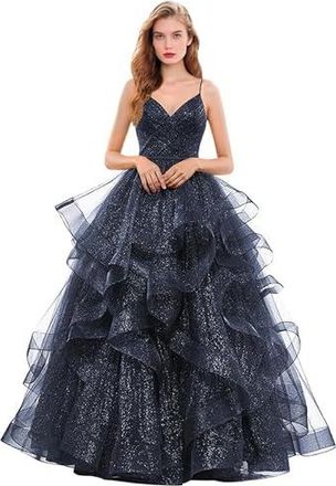 Generic Robe de bal en tulle paillet&eacute; avec col en V et bretelles spaghetti, robe de demoiselle dhonneur, robe de soir&eacute;e formelle longue &agrave; &eacute;tages, bleu marine,
