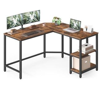 Vasagle Bureau dOrdinateur en Forme de L, 120 x 130 x 76 cm, Bureau dangle avec 2 &Eacute;tag&egrave;res, Gain de Place, pour Jeu, Marron Rustique et Noir dEncre LWD123K01