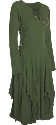 vishes Alternative Bekleidung- Langes Langarm Damen Kleid Ballonkleid Bio-Baumwolle Einfarbig mit Schn&uuml;rung V-Ausschnitt Olive 44-46