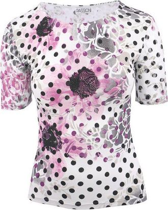Passioni T-Shirt mit Punkte- und Blumenmuster-Mix in Rosa und Grau