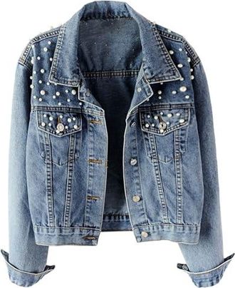 Generic Veste en jean à manches longues pour femme, coupe boyfriend, décontractée, avec perles