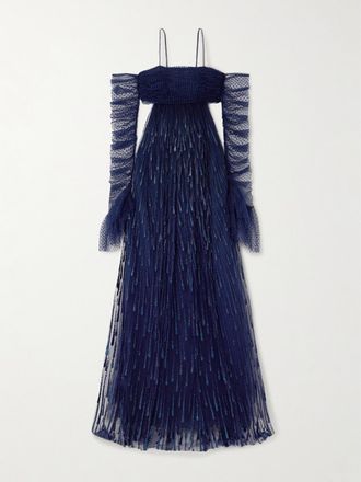 Sandra Mansour Samhain Robe Aus T&uuml;ll Mit Glitter-finish, Cut-outs Und Webpunkten - Blau