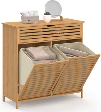 IDMarket Badezimmerschrank BEA aus Bambus, 2 herausnehmbare W&auml;schek&ouml;rbe, 1 Schublade aus ecru Stoff