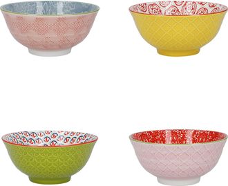 KitchenCraft Gemusterte Müslischale 4er Set in Geschenkbox, Keramikschalen ideal für Eis, Suppe und mehr, Brights Designs, 15cm