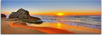 Paul Sinus Art Panoramabild auf Leinwand und Keilrahmen 150x50cm Strand Meer Sonnenaufgang Fels