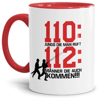 Tassendruck Berufe Tasse mit Spruch - 112 M&auml;nner die auch kommen! - Feuerwehr-Tasse, Geschenk f&uuml;r Feuerwehrm&auml;nner, Kollegen, Arbeit - Keramik Innen & Henkel Rot, 