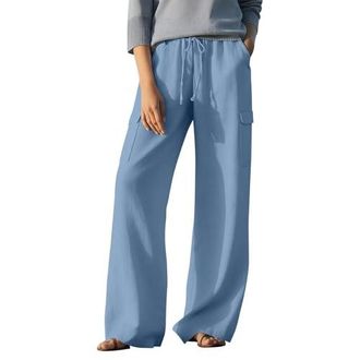 Generic Pantalon cargo en coton et lin pour femme - Pantalon d&eacute;contract&eacute; taille haute avec cordon de serrage et poches lat&eacute;rales, respirant, l&eacute;ger, coupe ampl