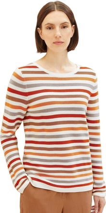 Tom Tailor Damen Basic Strickpullover aus Bio-Baumwolle, 32441 - Orange Ottoman Stripe, S