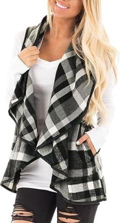 Generic 2026 Vestes &agrave; carreaux pour femmes, gilet d&eacute;contract&eacute; &agrave; revers ouvert sur le devant, cardigan sans manches, manteau avec poches, gris, 3XL