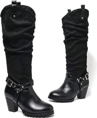 Generic Bottes déquitation à bout rond extra large au genou pour femme - Sangle à boucle - Talon épais - À enfiler, Noir, 37.5 EU