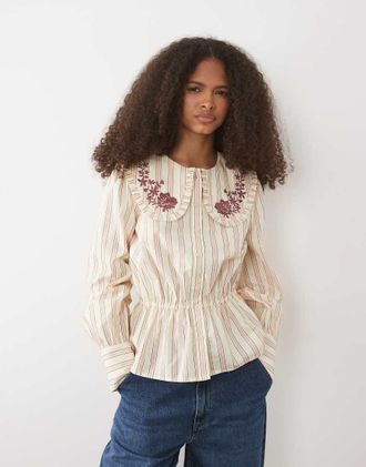 Miss Selfridge Bluse mit besticktem Kragen und Streifen-Multi