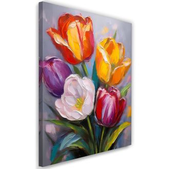 Feeby Leinwandbilder - Deko Bilder - Tulpen gemalt Bunte Blumen 3D - Canvas 40x60 1tlg- Wandbilder Schlafzimmer - Aesthetic Room Decor - Modern Wanddeko - B