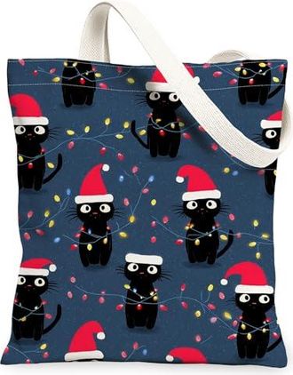 Generic Sacs fourre-tout en toile motif chat de No&euml;l, sacs d&eacute;picerie r&eacute;utilisables, l&eacute;gers et lavables avec bandouli&egrave;re, noir, 13x15 Inch