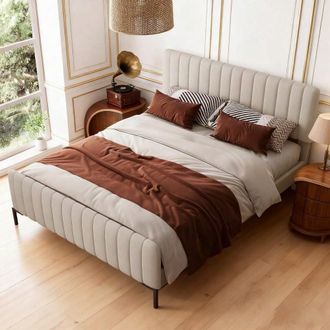 Generic Jugendbett für Schlaf- und Gästezimmer, Polster-Doppelbett 160x200 cm in Grau-Beige mit verstellbarem Kopfteil, Lattenrost und Leinenbezug