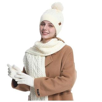 Generic Ensemble bonnet, &eacute;charpe, gants pour femmes, ensemble bonnet dhiver doubl&eacute; en polaire avec longue &eacute;charpe tricot&eacute;e, gants tactiles pour temps froid, b