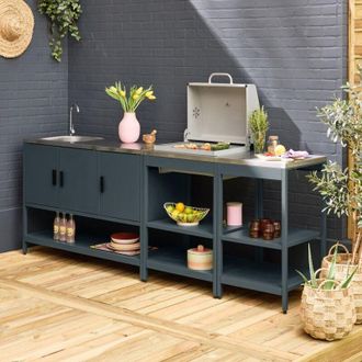 Sweeek Cuisine ext&eacute;rieure 3 modules acier inoxydable avec barbecue charbon bleu gris Naxos