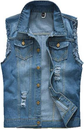 Generic Gilet en jean pour homme - Veste classique &agrave; manches longues - Veste en jean sans manches - Veste de cowboy - Gilet de motard pour homme - D&eacute;contract&eacute;