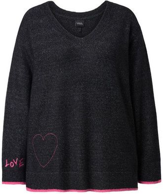 Ulla Popken Strickpullover Pullover Herzstickerei V-Ausschnitt Langarm