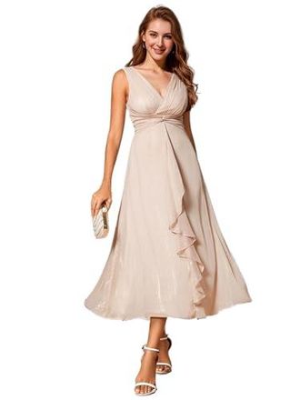 Ever-pretty Robe pour Mariage Invit&eacute; Pliss&eacute; sans Manches A Line Col V &Eacute;l&eacute;gante Champagne 38