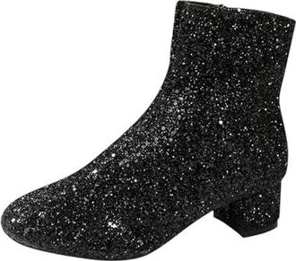 Generic Bottines à paillettes brillantes pour femme avec fermeture éclair et talon bloc - Style décontracté - Pour fête, bal de fin dannée, mariage, Noir, 39.