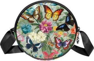 Generic Sac &agrave; bandouli&egrave;re rond pour femme, motif papillon, fleurs, petit sac &agrave; bandouli&egrave;re avec fermeture &eacute;clair, bretelles r&eacute;glables, sac &agrave; main rond d&eacute;contr