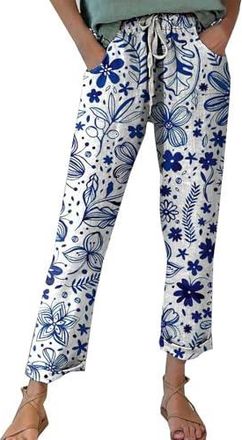 Generic Pantalon Fluide Femme Taille Elastique Lin &Eacute;t&eacute; Ceinture &Eacute;lastiqu&eacute;e Femme Taille Haute Poche Automne Lin Imprim&eacute; Pantalons D&eacute;contract&eacute;s Jogging Large A