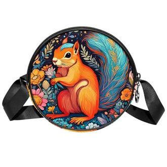Generic Sac &agrave; bandouli&egrave;re rond pour femme, motif &eacute;cureuil color&eacute;, petit sac &agrave; dos &agrave; bandouli&egrave;re avec fermeture &eacute;clair, bretelles r&eacute;glables, sac &agrave; main rond d&eacute;