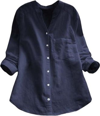 Generic Chemise blanche &agrave; manches longues en coton et lin pour femme, chemise de travail ample et respirante, col en V, tunique grande taille avec poches, s&eacute;c