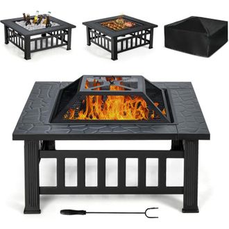 Costway Costway - 3 in 1 Feuerschale mit Gitter/ Rost/ Grill/ Sch&uuml;rhaken/ Abdeckung, Outdoor-Feuerstelle 81 x 81 cm Feuerkorb