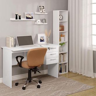 Woltu Schreibtisch Computertisch B&uuml;rotisch Arbeitstisch pc Laptop Tisch, mit 3 Schubladen und Schloss, aus Holz, 120x59x75cm(BxTxH), Wei&szlig; - Woltu