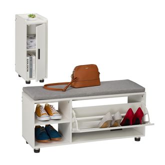 Relaxdays Schuhbank mit Sitzfl&auml;che & Schrank, Set, Schuhschrank mit Sitzbank, Stauraum, Flur & Schlafzimmer, wei&szlig;-grau