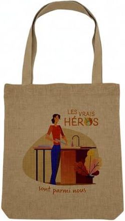 Fabulous Sac Shopping Tote Bag Aspect Lin - Les Vrais H&eacute;ros - Femme de M&eacute;nage M&eacute;tier Sac de Courses Toile Epaisse 360g Beige Naturel Cabas Port&eacute; Epaule Solide 