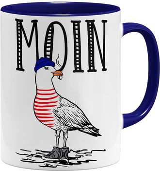 OM3 Seemöwe Moin Kaffee-Tasse mit Spruch - Guten Morgen Möwe II - Keramik Becher - 11oz 325ml - Beidseitig Bedruckt - Dunkelblau