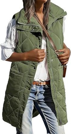 Generic Gilet long matelass&eacute; sans manches avec fermeture &eacute;clair et bouton pression pour femme - Couleur unie - Coupe ajust&eacute;e, vert militaire, S