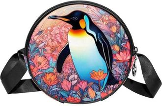 Generic Sac &agrave; bandouli&egrave;re rond pour femme, motif pingouin &agrave; dessin color&eacute;, petit sac &agrave; dos &agrave; bandouli&egrave;re avec fermeture &eacute;clair, bretelles r&eacute;glables, sac &agrave; mai