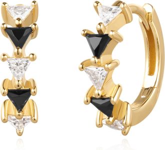Ania Haie Damen Creolen Sunshine Chaser Black/White Triangular Cubic Zirconia Huggies 925 Sterling Silber 14k Gold vergoldet, verziert mit 10 Zirkonia, Größe: 9