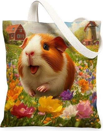 Generic Sac fourre-tout en toile motif cochon dInde pour le shopping, 33 x 38 cm, sac d&eacute;picerie r&eacute;utilisable pour femme, motif floral, ferme, plage, peinture 