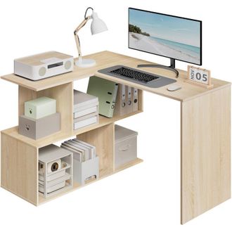 Woltu Woltu - Table dOrdinateur 120x100cm, Bureau dangle avec Rangement, Bureau en l, Ch&ecirc;ne Clair