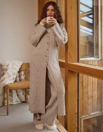 4th & Reckless Maxi-Strickjacke in Taupe mit Wollanteil und Zopfmuster-Brown