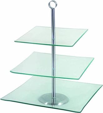 Ambition Etagere Glas 3 St&ouml;ckig Laura 29,3 x 29,3 Glasetagere Edelstahl f&uuml;r Obst Kuchen Cupcakes quadratisch transparent