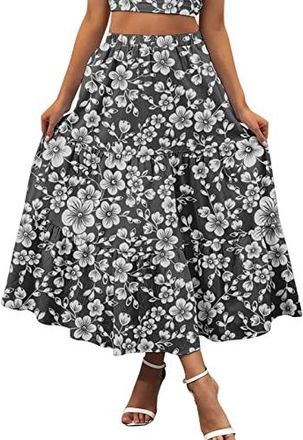 Generic Jupe Mi Longue Fleurie Femme Mode Jupe TrapèZe Elastique Taille Haute Jupe Boheme Avec Poches Jupe PlisséE Jupe Femme Chic Et Elegant Confortable Et R