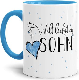 Tassendruck Tasse mit Spruch für die Weltliebster Sohn - Kaffeetasse/Familie/Geschenk-Idee/Mug/Cup/Innen & Henkel Hellblau