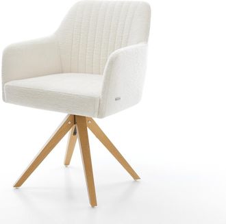 DELIFE Drehstuhl Greg-Flex Boucl&eacute; Soft Beige Holzgestell kantig Natur 360&deg; drehbar Taschenfederkern, Esszimmerst&uuml;hle